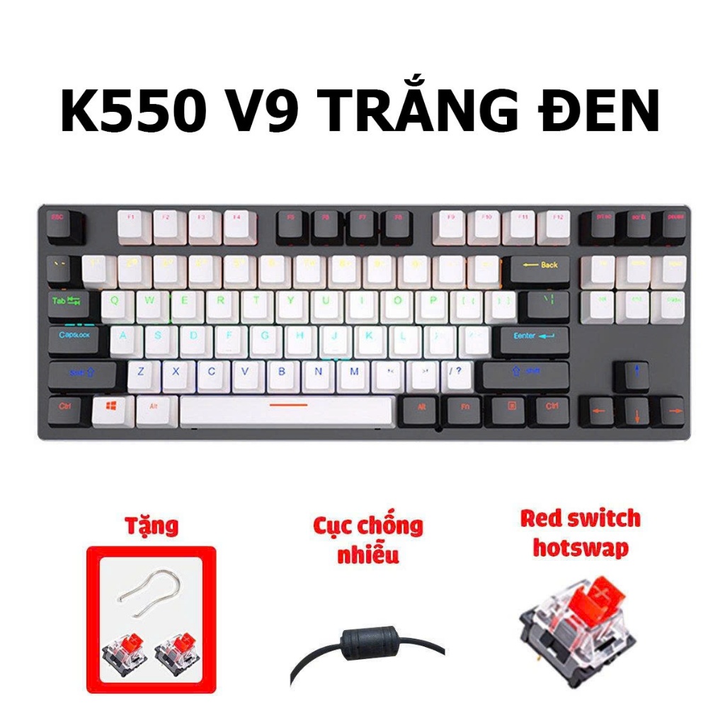 Bàn phím có dây K550 V9 Tiroshi hotswap, cục chống nhiễu, sử dụng red và blue switch chuyên dụng ...