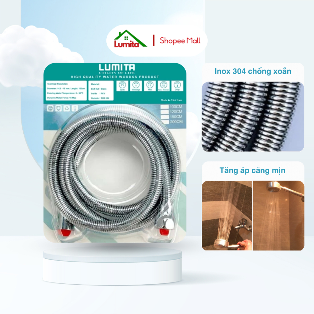 Dây vòi hoa sen nóng lạnh inox 1,5m LUMITA chống xoắn, chất liệu inox ...