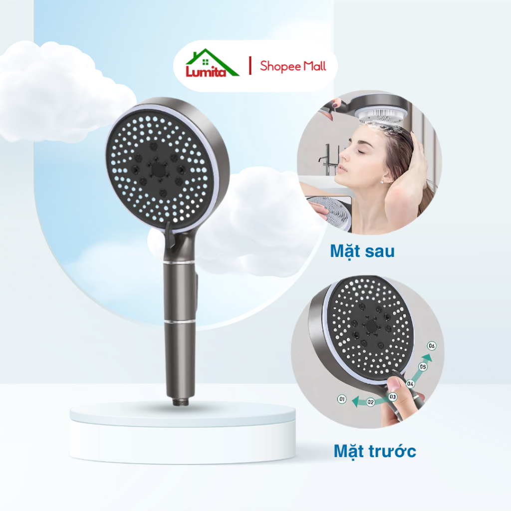 Vòi hoa sen tăng áp 2 mặt siêu mạnh LUMITA VS9, chất liệu nhựa ABS bền ...