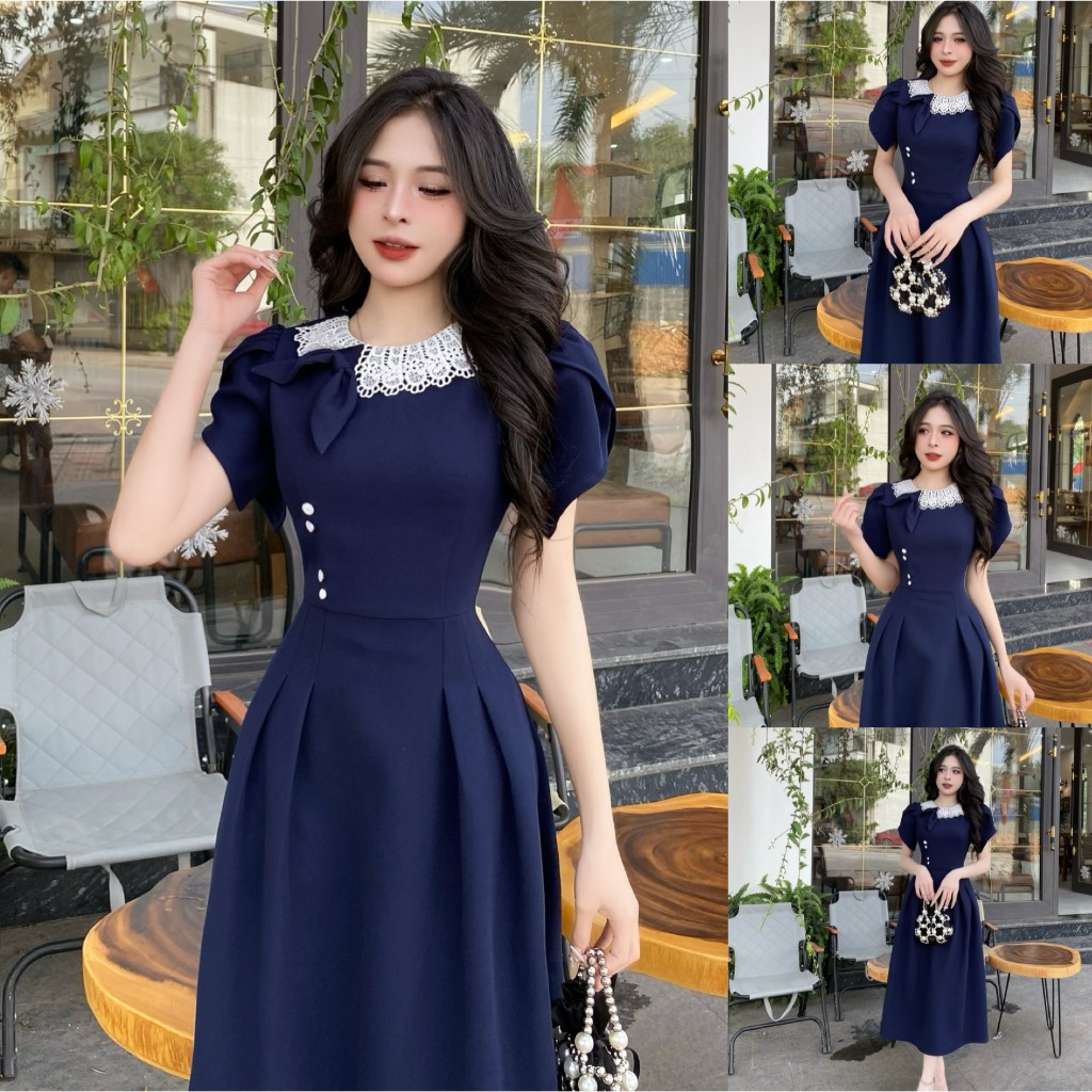 TH29 - Váy Thiết Kế Evii dành cho nữ, Đầm thiết kế cổ ren, nơ đính liền ...