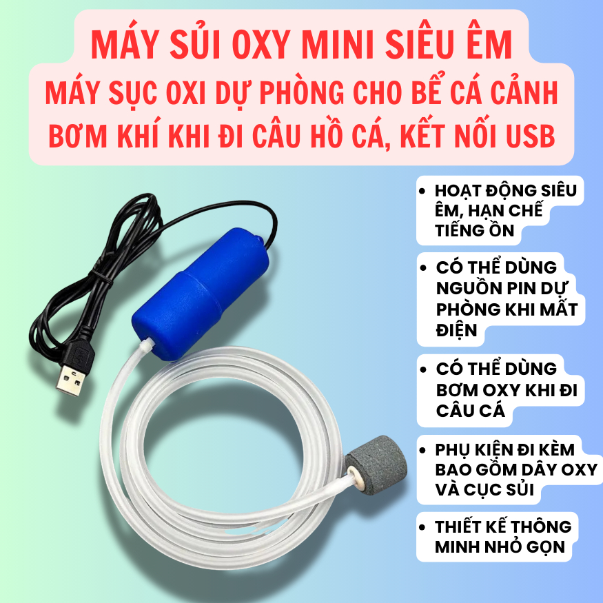Máy sủi oxy mini siêu êm máy sục oxi bể cá cảnh bơm khí khi đi câu hồ ...