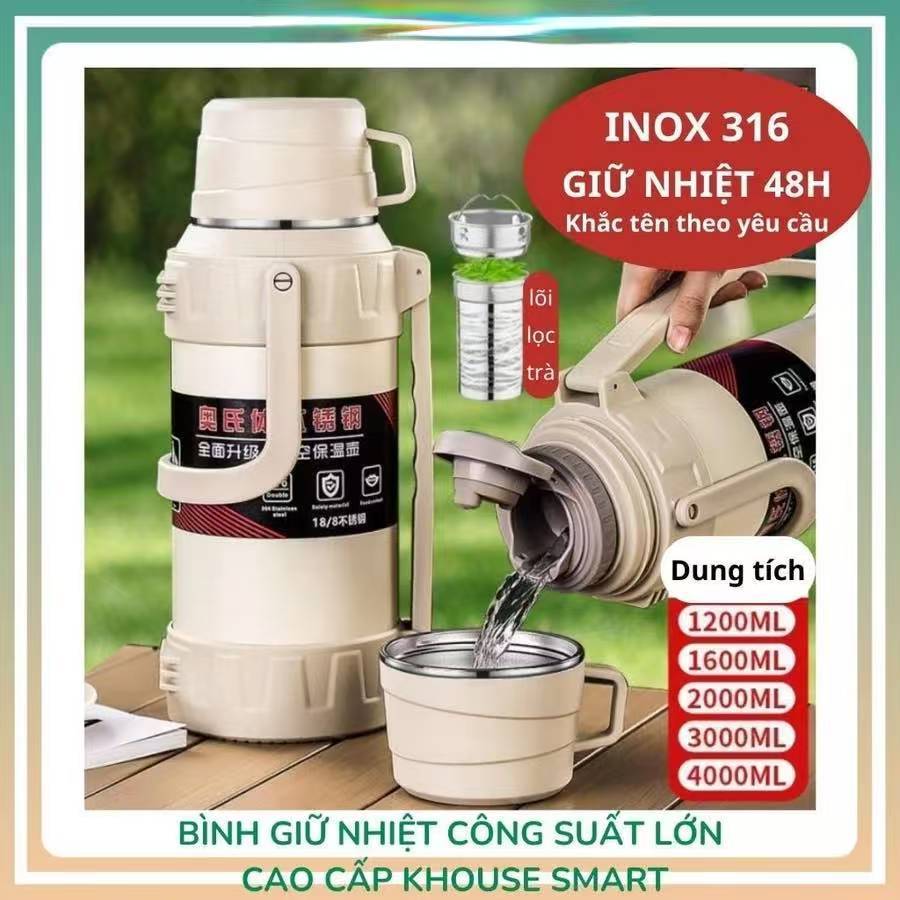 Bình giữ nhiệt inox 316 dung tích lớn 4000ml có tay cầm và nắp cốc uống nước tiện lợi 48 giờ ...