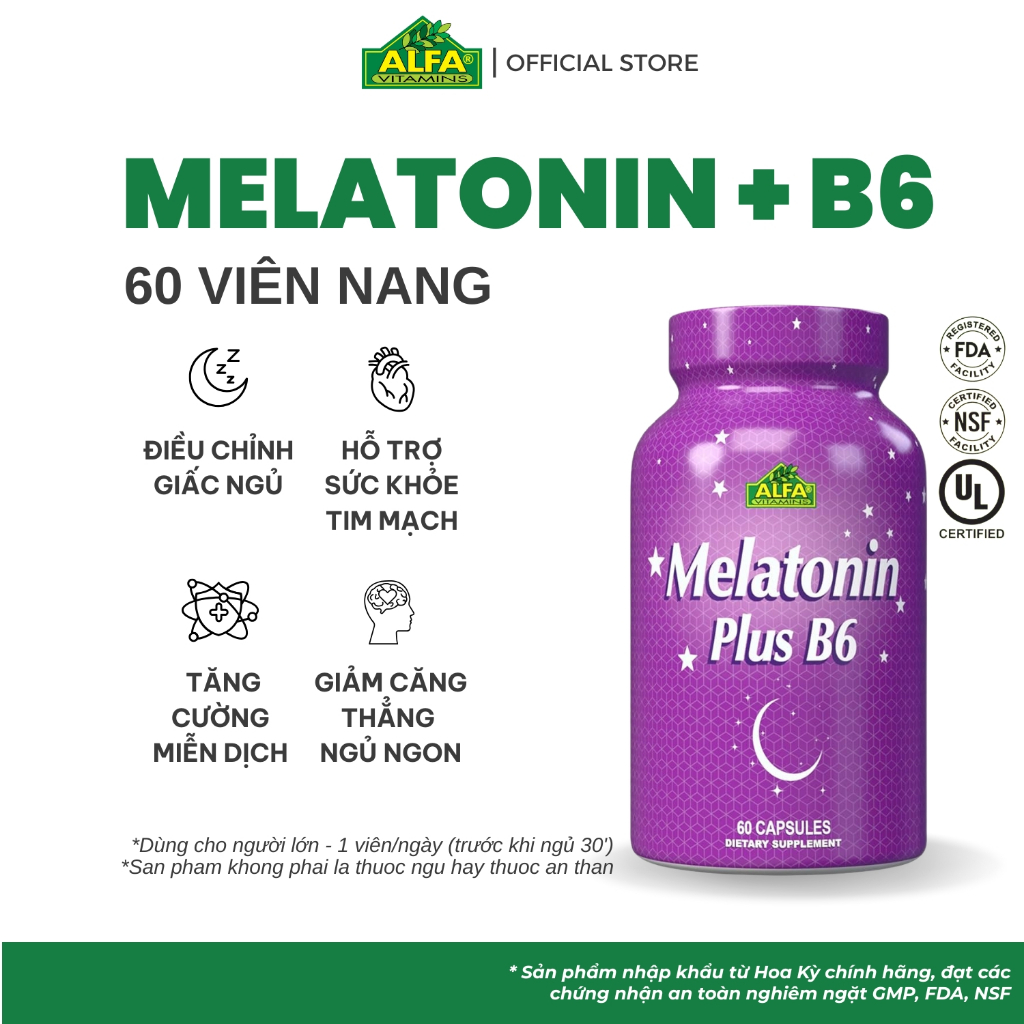Viên uống Alfa Vitamin Melatonin plus B6 Hỗ trợ giấc ngủ và thư giãn Lọ ...