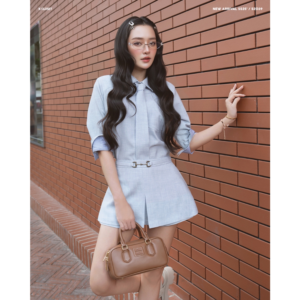 Set áo sơ mi tay lỡ phối sọc và quần váy, thời trang thiết kế K Closet S2039 | Shopee Việt Nam