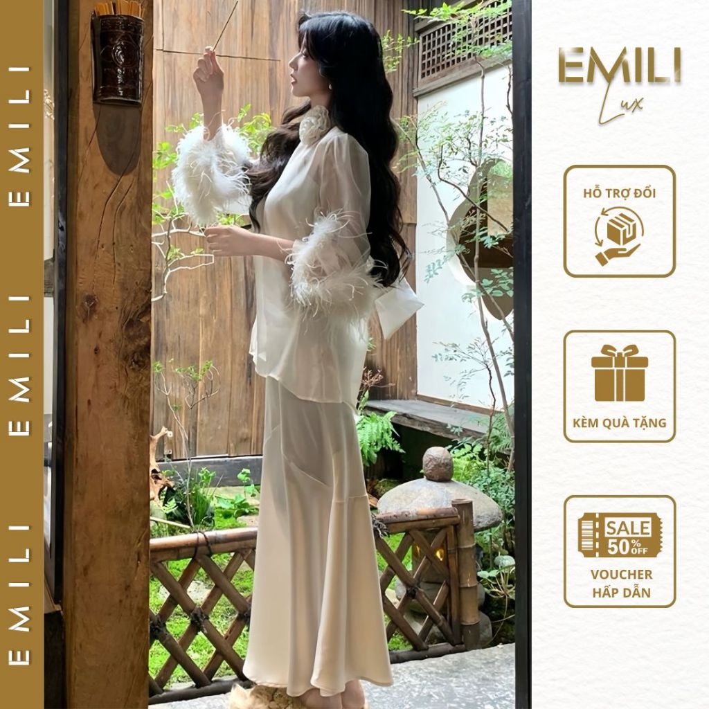 Set áo lụa dài tay mix lông kiểu nữ Emili phối chân váy dài suông phong ...