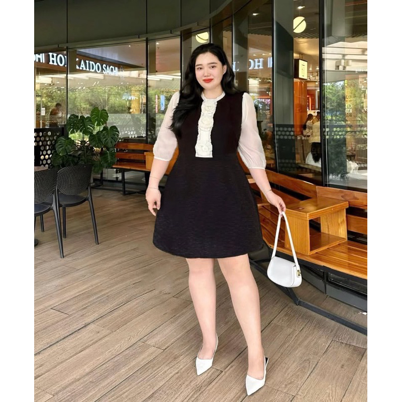 Béo Design bigsize - Đầm hoa hồng đen dáng A tay lỡ Nữ bigsize 50kg đến ...