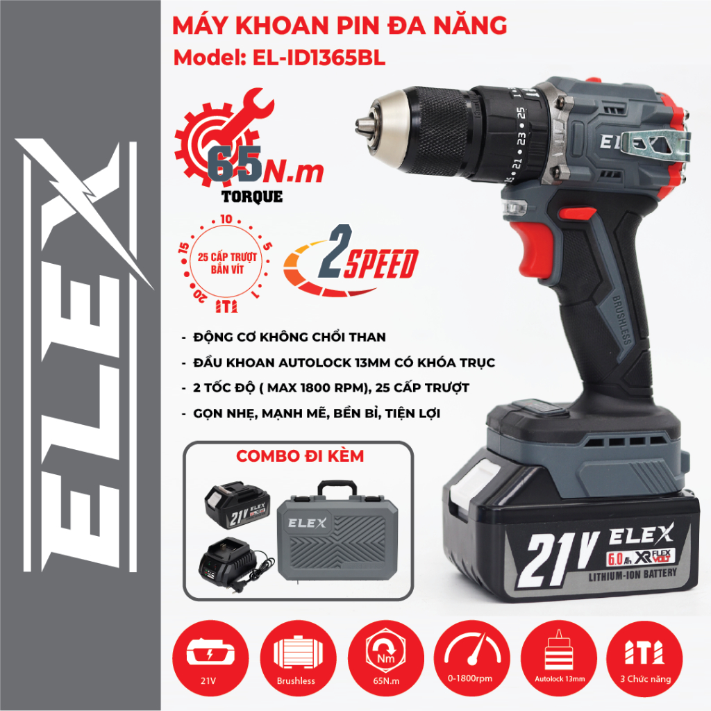 Máy khoan pin ELEX EL-ID1365BL, Không chổi than 65Nm 3 chức năng 13mm 25 cấp trượt Có khóa trục ...