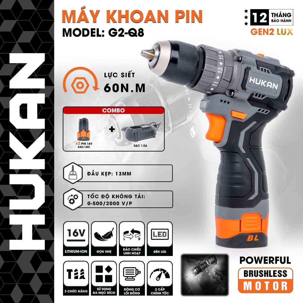 Máy khoan pin HUKAN G2-Q8, Không chổi than 60Nm 3 Chức năng 13mm Có ...