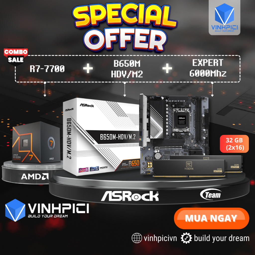 Bộ máy tính COMBO AMD (R7 7700 + B650M-HDV/M.2 + T-CREATE EXPERT 6000MHz 32GB 16GBx2) | Shopee ...