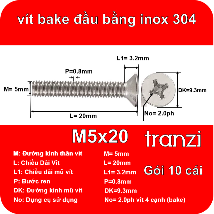 Vít bake đầu bằng thân bu lông inox 304 M5x20 - túi 10 cái | Shopee Việt Nam