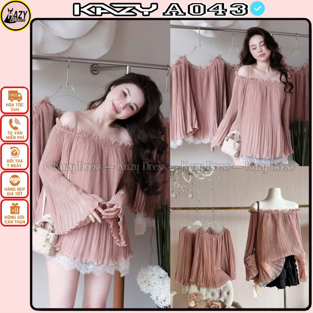 Áo trễ vai dáng suông dập ly 2 lớp chun vai dài tay cách diệu tiểu thư A043 KAZYDRESS | Shopee ...