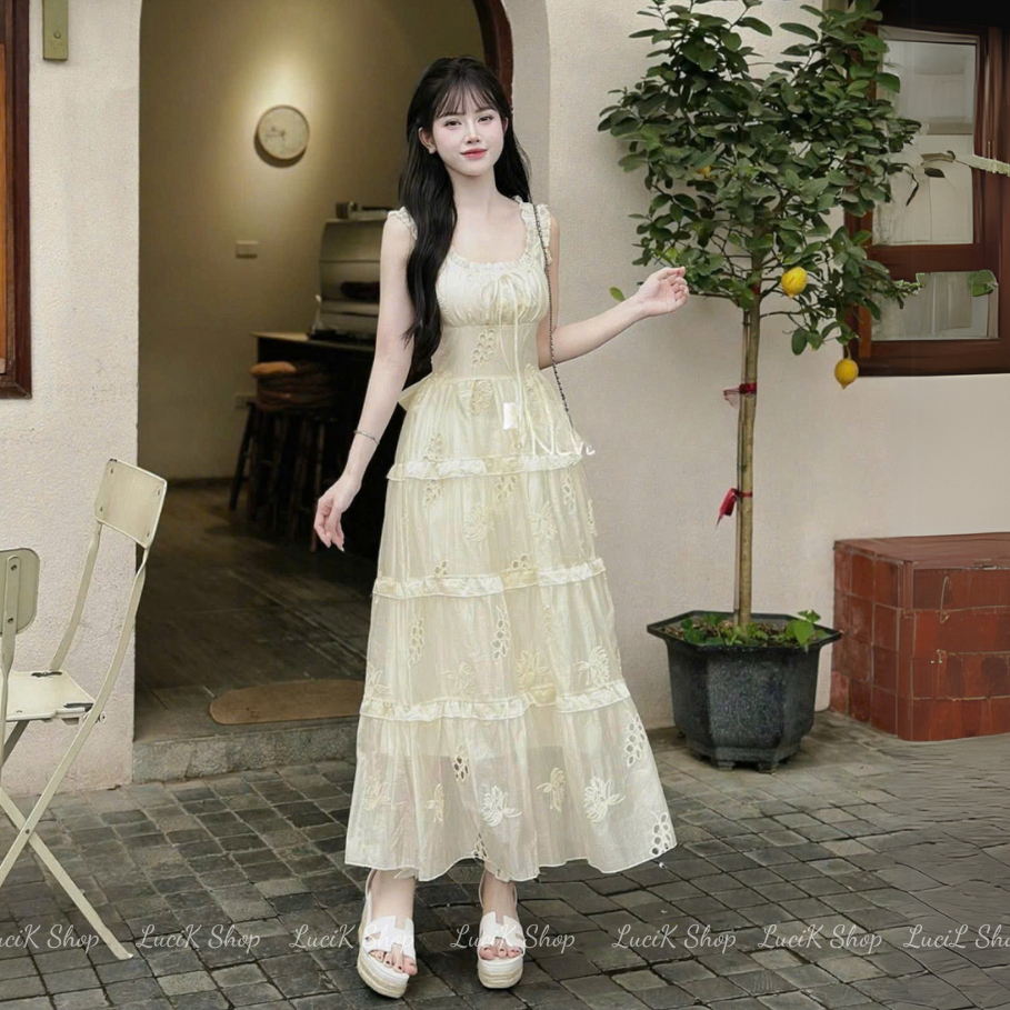 Đầm váy tơ hai dây cổ vuông thắt nơ lưng xinh iu, váy tơ dáng dài tầng ...