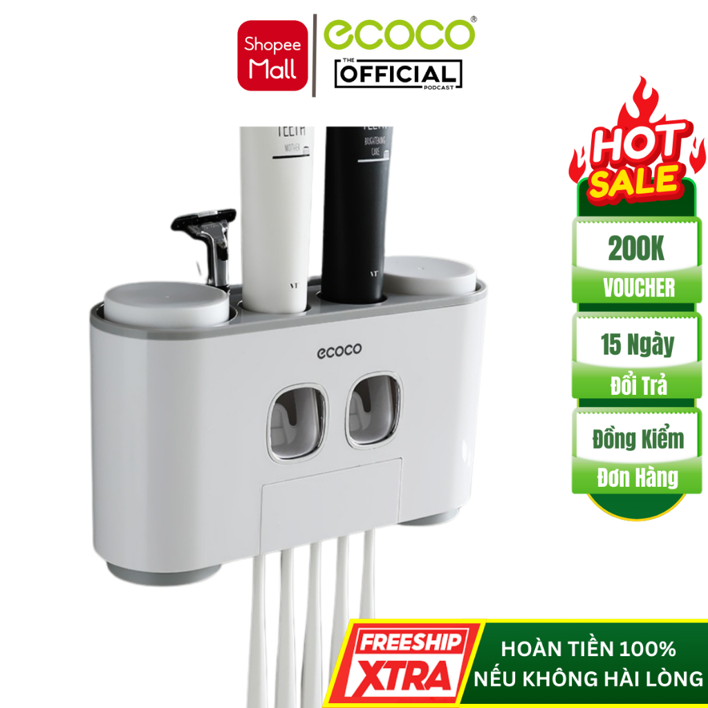 Bộ Nhả Kem Đánh Răng ECOCO 4 Cốc 2 Nhả Kem E1802, Kệ Để Bàn Chải Dán ...
