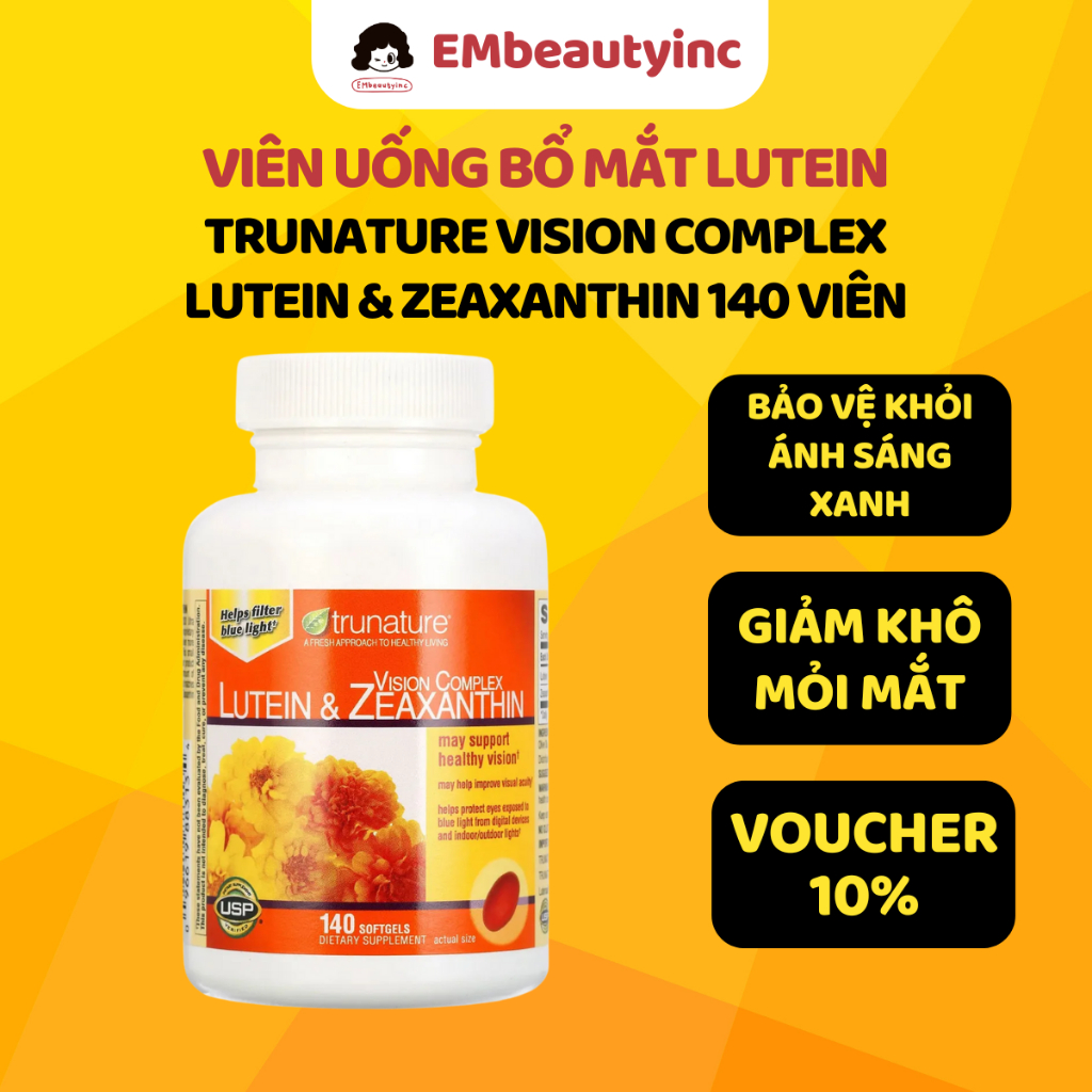 Viên Uống Bổ Mắt Lutein Trunature Vision Complex Lutein & Zeaxanthin 140 Viên Mỹ Bảo Vệ Khỏi Ánh ...