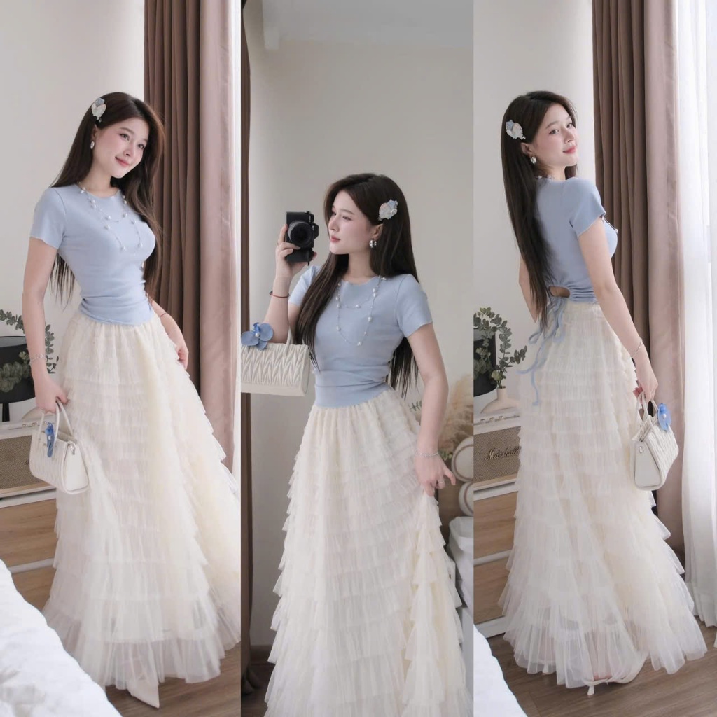 set đồ nữ áo thun xanh biển mix chân váy tua rua nhiều tầng trắng dáng ...