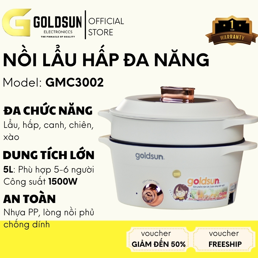 Nồi lẩu hấp đa năng Goldsun GMC3002 dung tích 5L công suất 1500W, hàng chính hãng bảo hành 12 ...