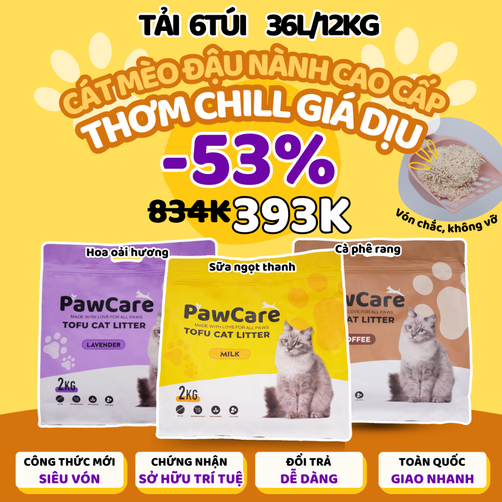 [Tải 6 bịch chỉ 393K] Cát mèo vệ sinh đậu nành PawCare 12Kg/36L siêu vón, không bụi - Nhiều mùi ...
