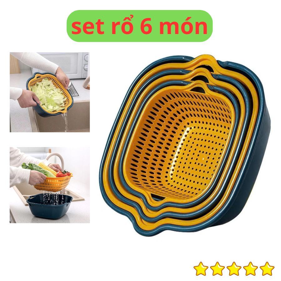 Set 6 món rổ kèm chậu bộ 3 rổ và chậu, thau nhựa rửa rau củ đựng hoa ...