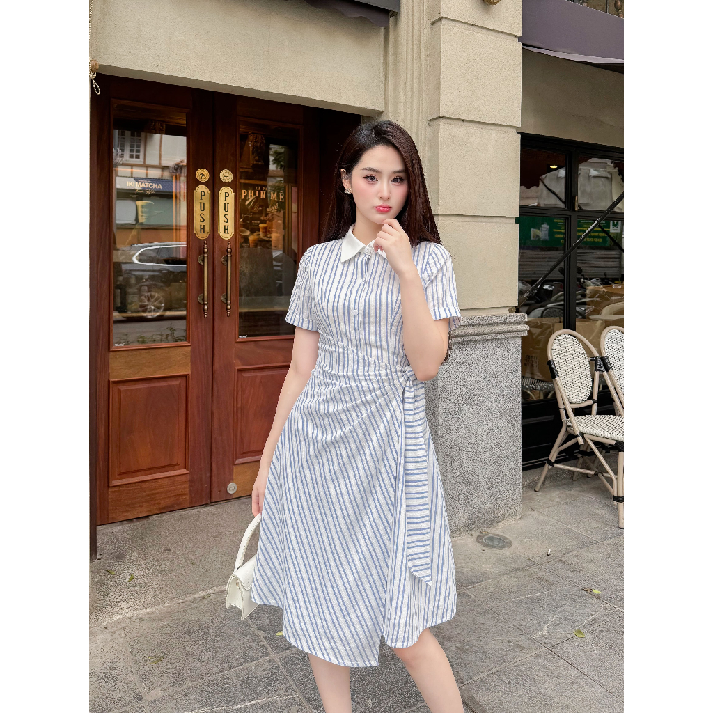 Đầm sơ mi cổ đức thắt chéo nơ eo Charme Store 505023 | Shopee Việt Nam