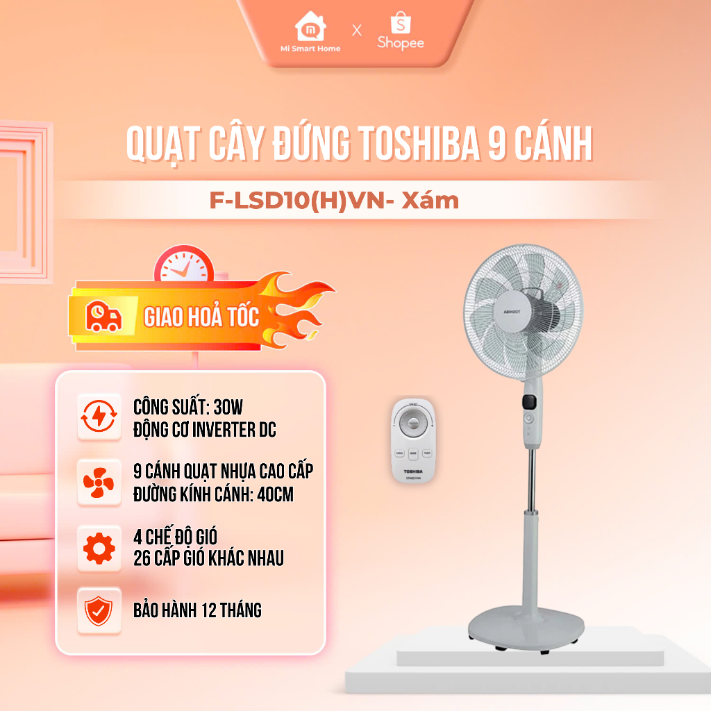 Quạt đứng Toshiba 9 cánh DC inverter F-LSD10(W)VN (trắng) - F-LSD10(H)VN (xám), công suất 30W ...
