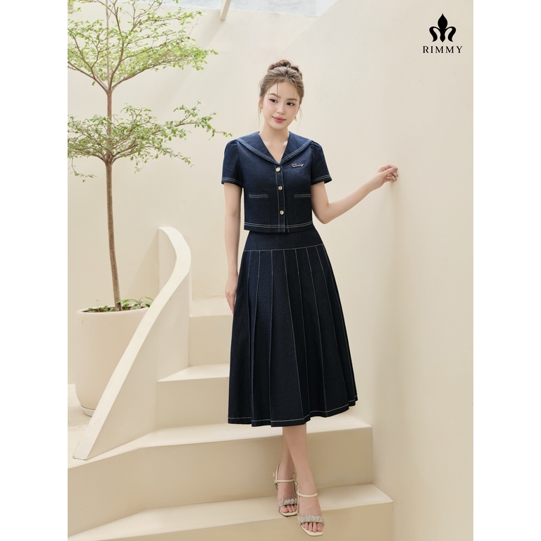 RIMMY - ORINA Set Áo Cổ Sailor Chân Váy Denim Xếp Ly Xanh Đậm Thanh ...