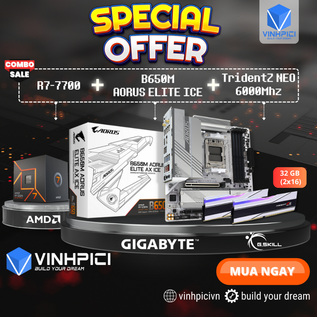 Bộ máy tính COMBO AMD (R7 7700 + B650M AORUS ELITE AX ICE + Trident Z5 NEO White 6000MHz 32GB ...