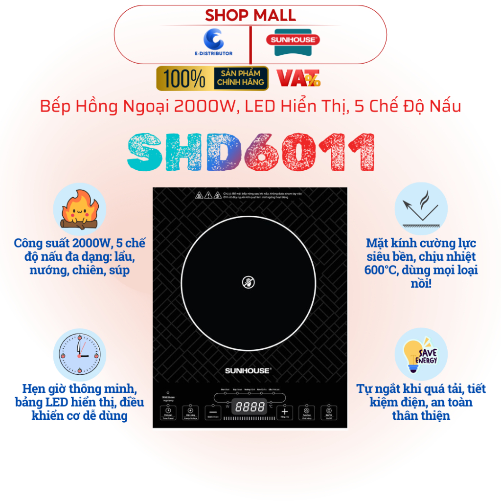 [HỎA TỐC] Bếp hồng ngoại SUNHOUSE SHD6011 - Công suất 2000W - Mặt kính ...