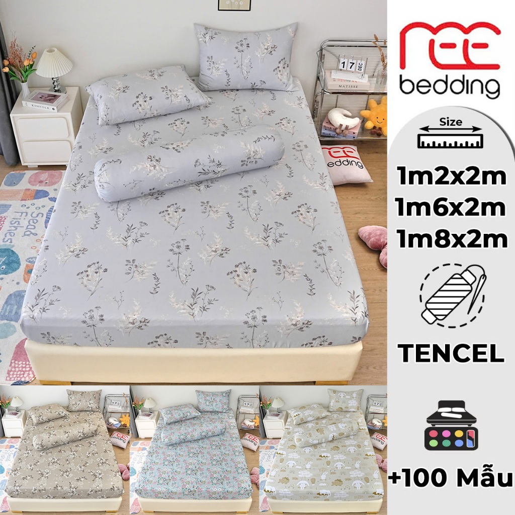 Bộ ga giường 4 món REE Bedding TENCEL kèm vỏ gối họa tiết đủ size drap ...
