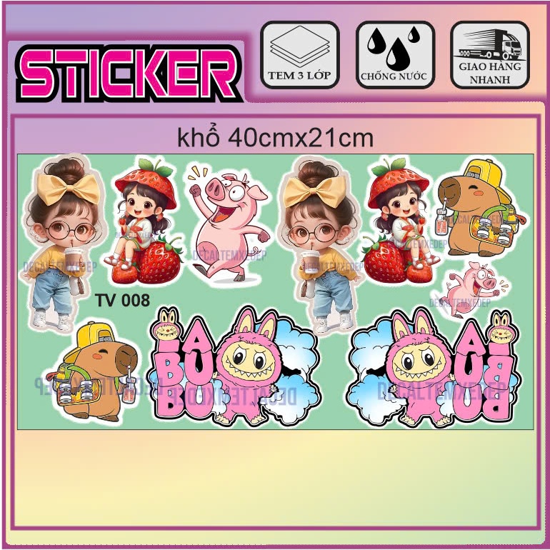 Bộ sticker dán xe cute – hình Labubu, capybara, bé gái, heo dễ thương ...