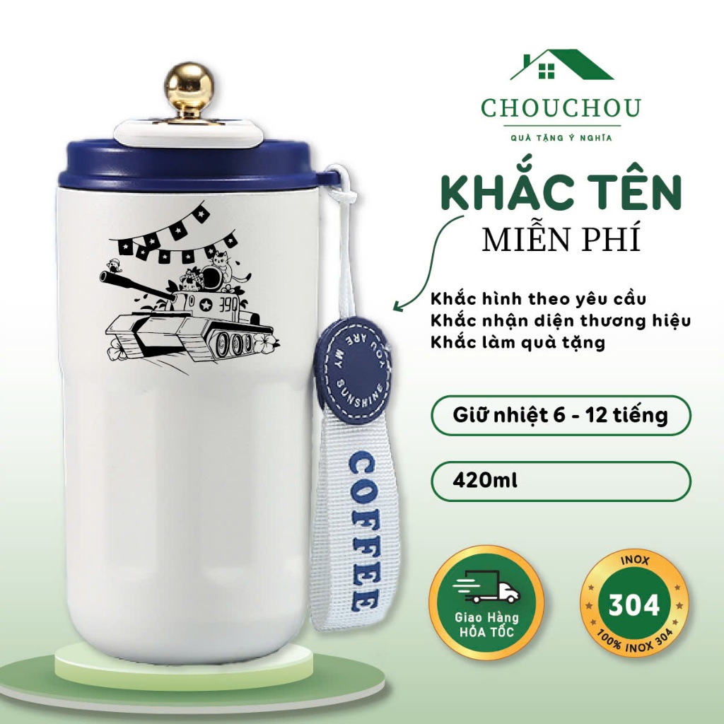 [Miễn Phí Khắc Tên] Cốc giữ nhiệt CHOUCHOU có LED hiển thị NHIỆT ĐỘ Inox 316, 420ml - Có quai ...