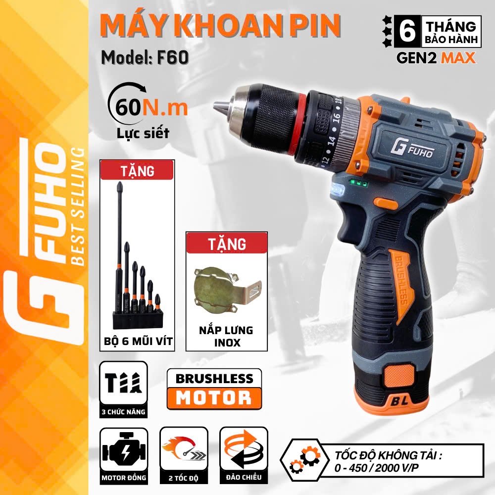 Khoan Pin Fuho F60 - Động cơ không Chổi Than lực siết 60Nm tặng kèm 6 ...