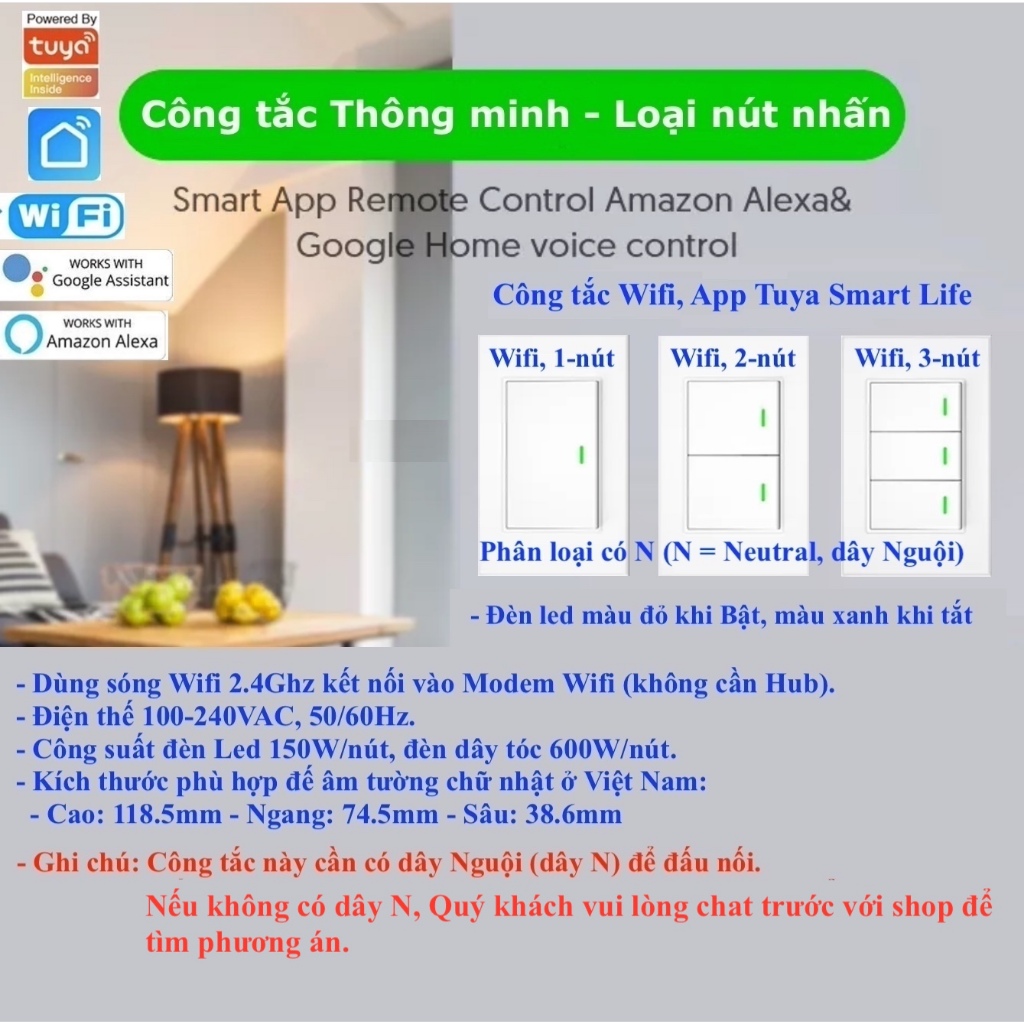 Công tắc thông minh Wifi, Nút nhấn cơ, App Tuya Smart Life, Home ...