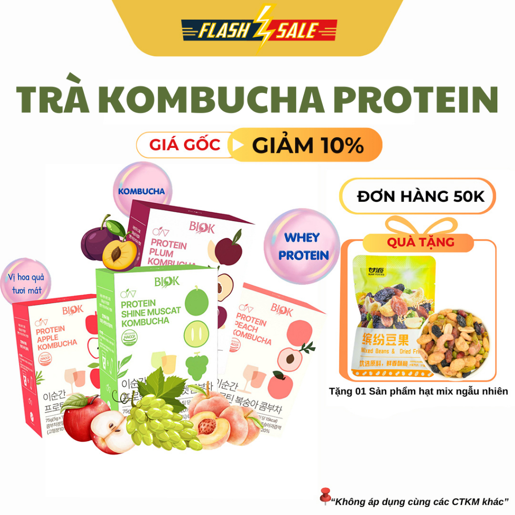 Trà Kombucha Protein BIOK Tốt Cho Sức Khỏe Vị Mận, Đào, Nho, Táo Hộp 5g ...