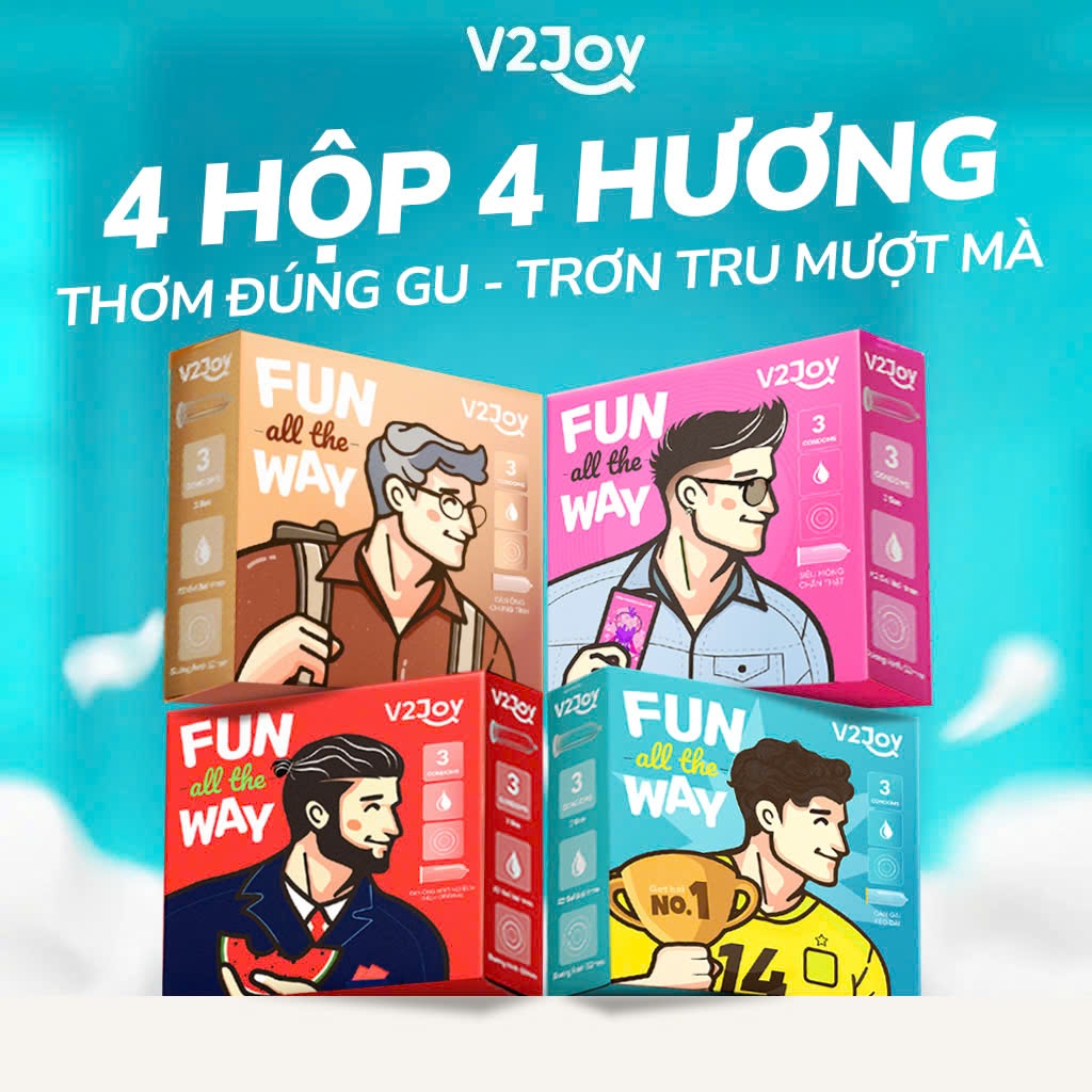 Bao cao su V2Joy 3in1 kéo dài, x2 gel bôi trơn - Hộp 3 bao Fun All The ...