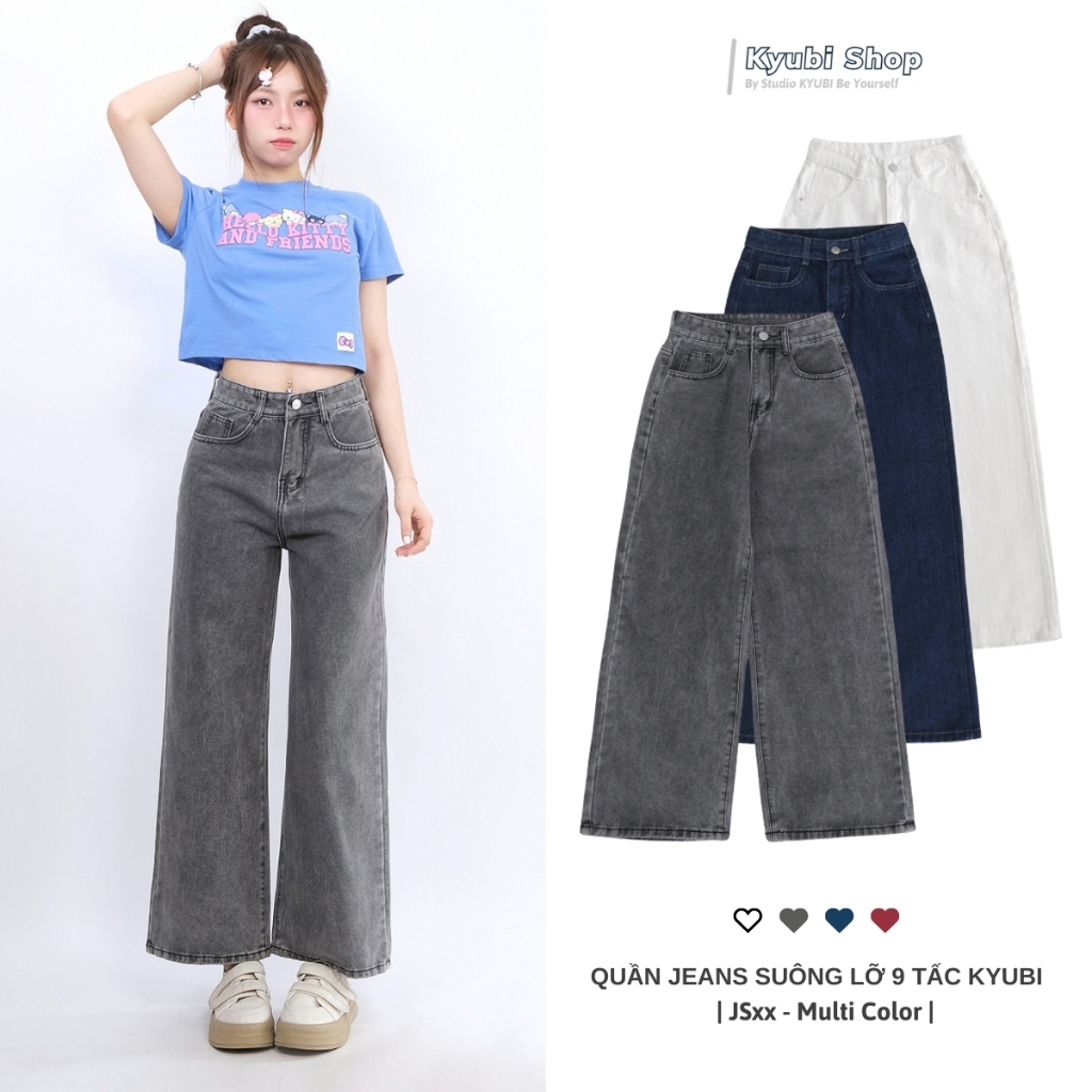 Quần jeans ống rộng 9 tấc cao dáng cho Nấm Lùn chất liệu xám Charcoal ...