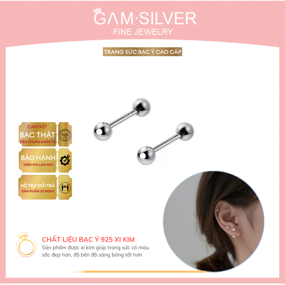 Khuyên tai bạc nữ 925 GAM SILVER, bông tai bạc nữ bi tròn bạc ý s999 hai đầu chốt ren nhiều size ...