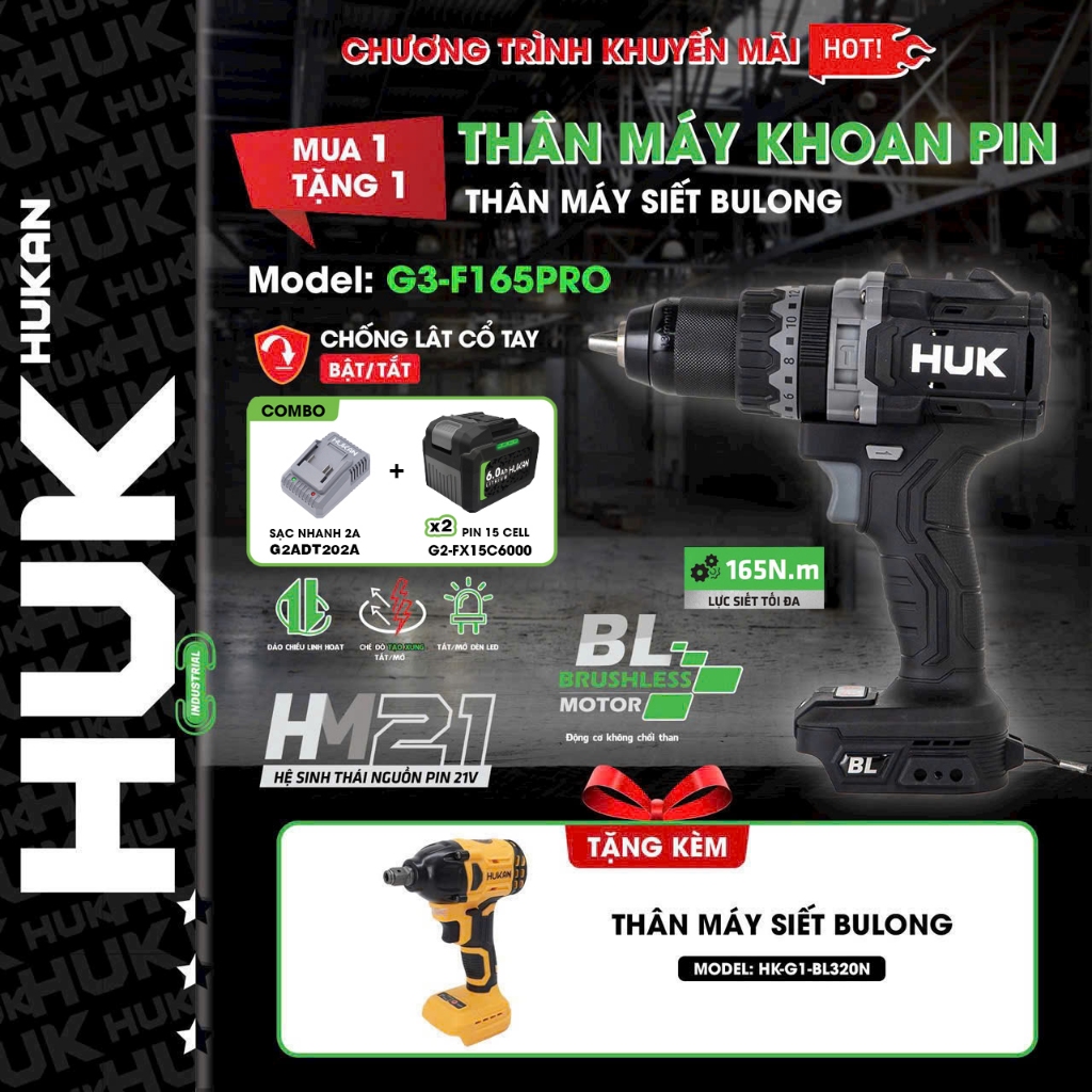 Máy khoan pin HUKAN HUK G3-F165PRO Không chổi than 165Nm Chống lật cổ ...