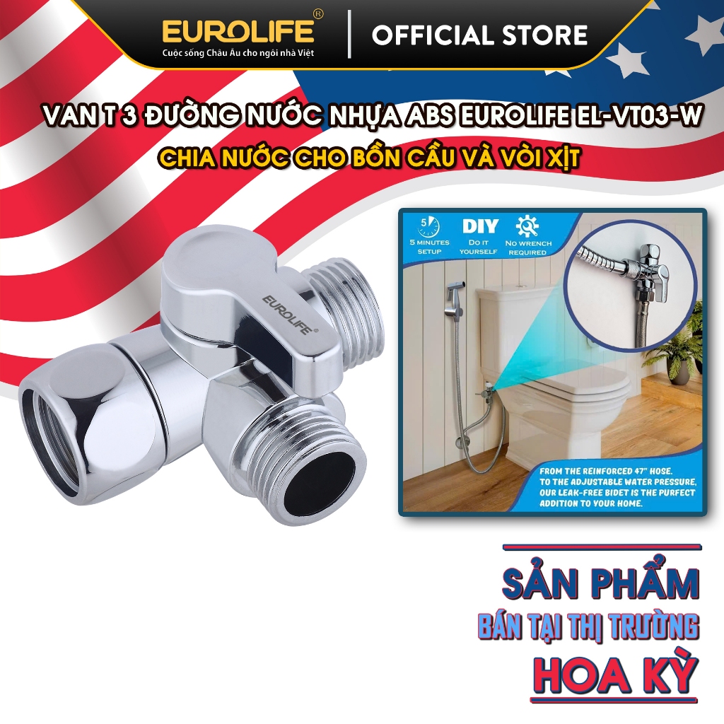 Van T 3 đường nước 21mm dùng chia nước cho bồn cầu và bộ xịt vệ sinh Eurolife EL-VT03-W (Màu ...