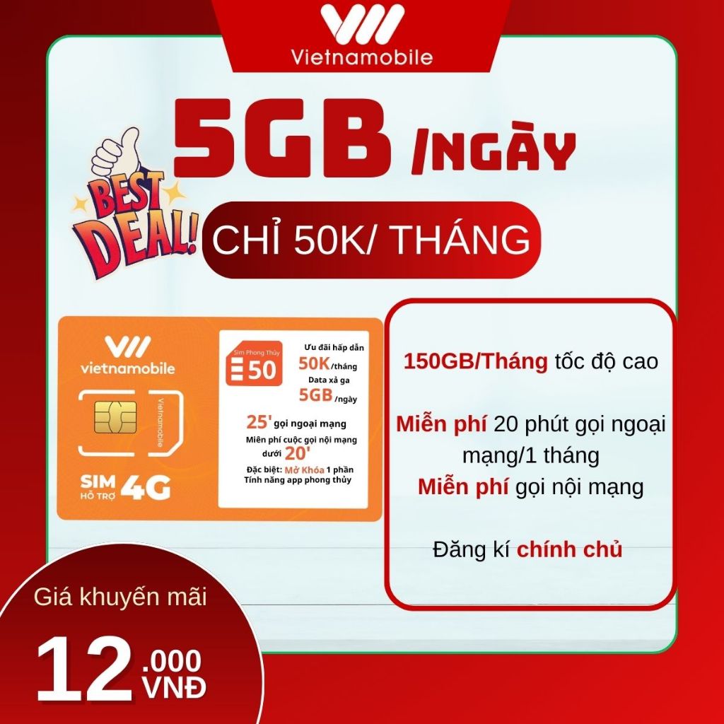 Sim Data 4G Vietnamobile Giá Rẻ - 5GB/Ngày-50k/tháng (150GB/Tháng) KO ...