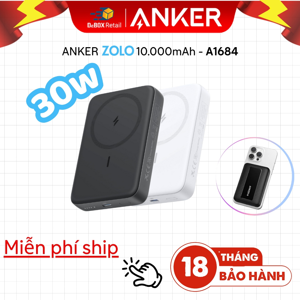 Sạc dự phòng từ tính không dây ANKER Zolo 10000mAh chuẩn Qi 7.5W, USB-C PD 30W - A1684 chính ...