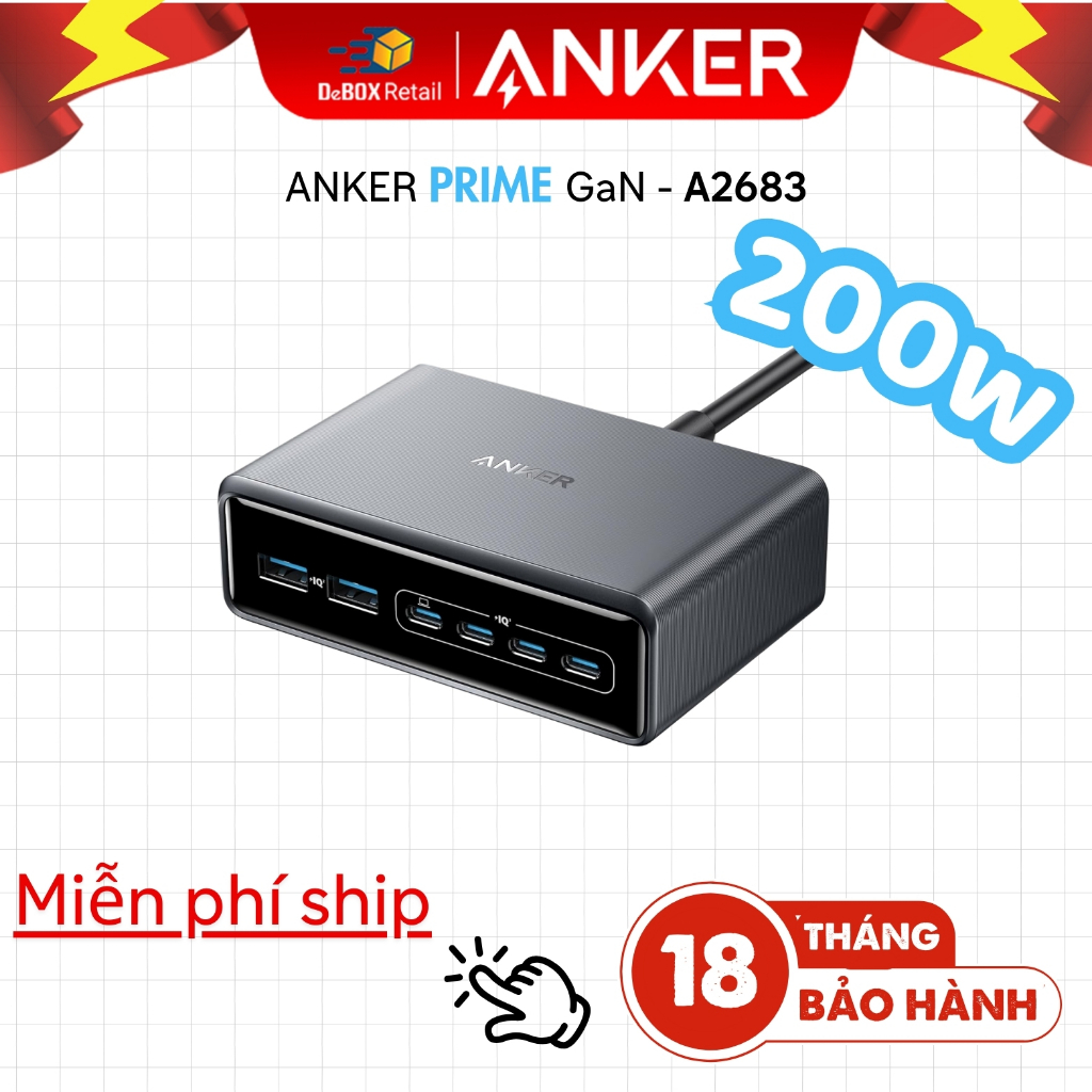 Trạm sạc siêu nhanh ANKER Prime 200w GaN 6 cổng hỗ trợ USB-C PD 100W ...