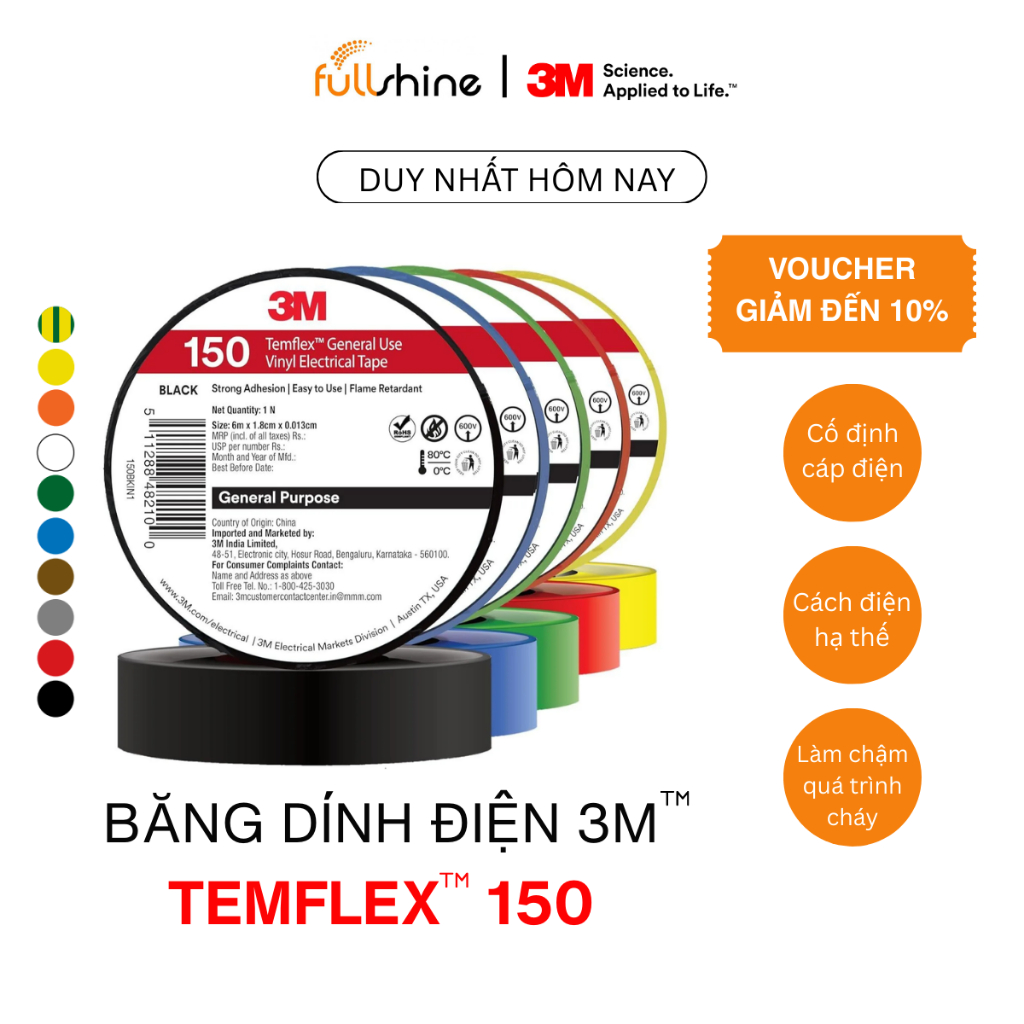 [COMBO 10] Băng keo cách điện 3M chính hãng Temflex 150 chống mài mòn làm chậm cháy nhiều màu ...
