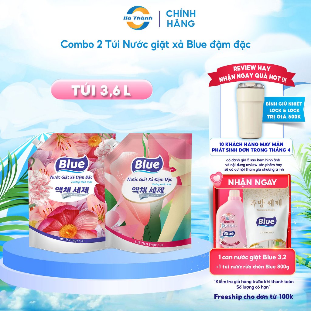 Combo 2 Nước Giặt Xả Blue Túi/Can 3.6L mùi hương đậm đặc công nghệ Hàn ...