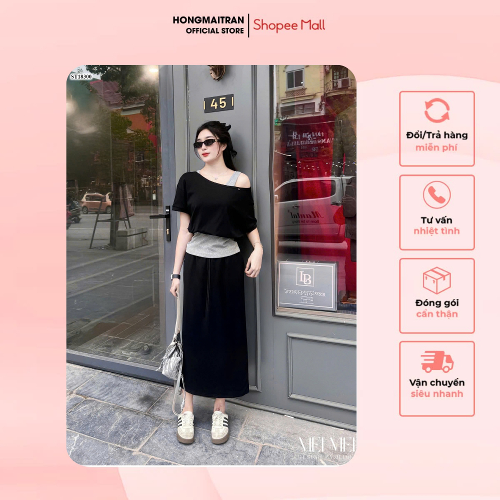 Set đồ nữ áo trễ vai kết hợp chân váy suông dài cá tính sang trọng HONG MAI TRAN ST18300 ...