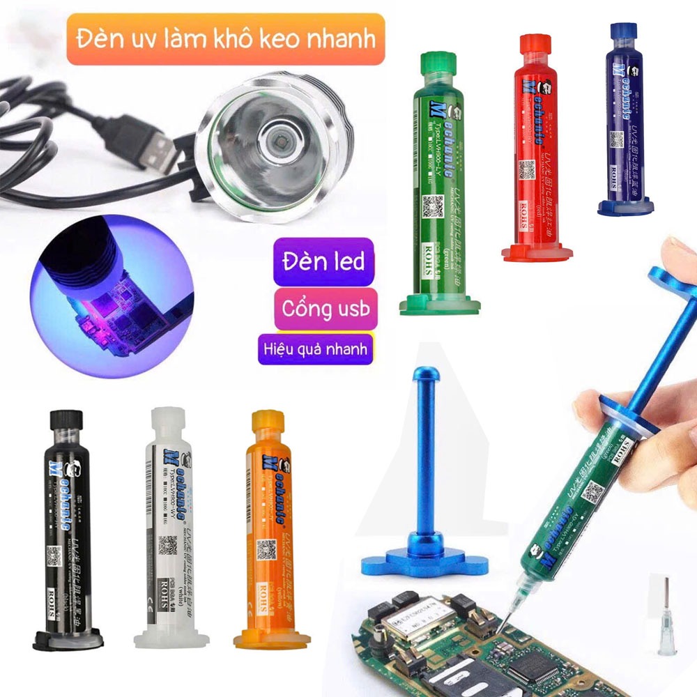 COMBO Keo UV phủ mạch, cách điện chống lem mass mối hàn... kèm Đèn UV sấy keo, Tay đẩy bơm keo ...