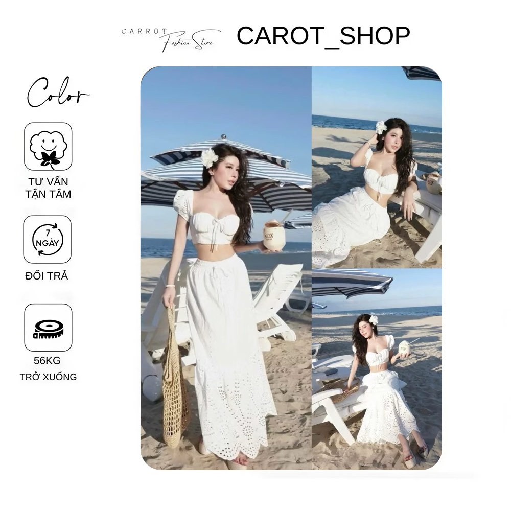VN15( có bigsize) Set áo croptop ÔM BODY cổ vuông + váy maxi đi biển ...