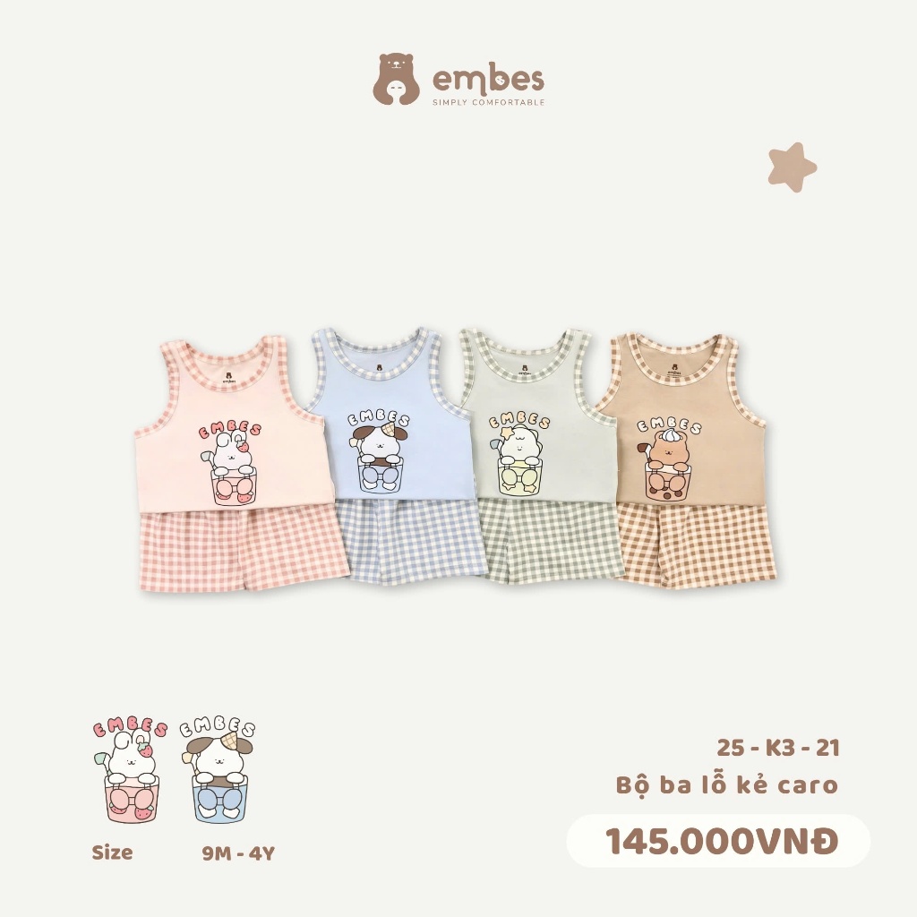 Bộ Ba Lỗ Thun Lạnh In Hình Dễ Thương Cho Bé Embes, Bộ Ba Lỗ Kẻ Caro ...