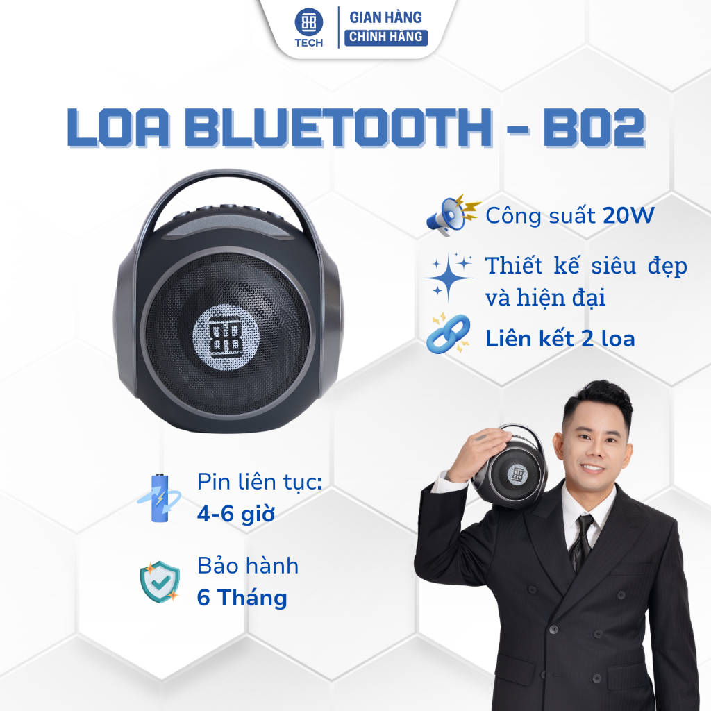 Loa Bluetooth B02 20W Bass mạnh, Pin Trâu, Kết nối USB, Thẻ nhớ ...