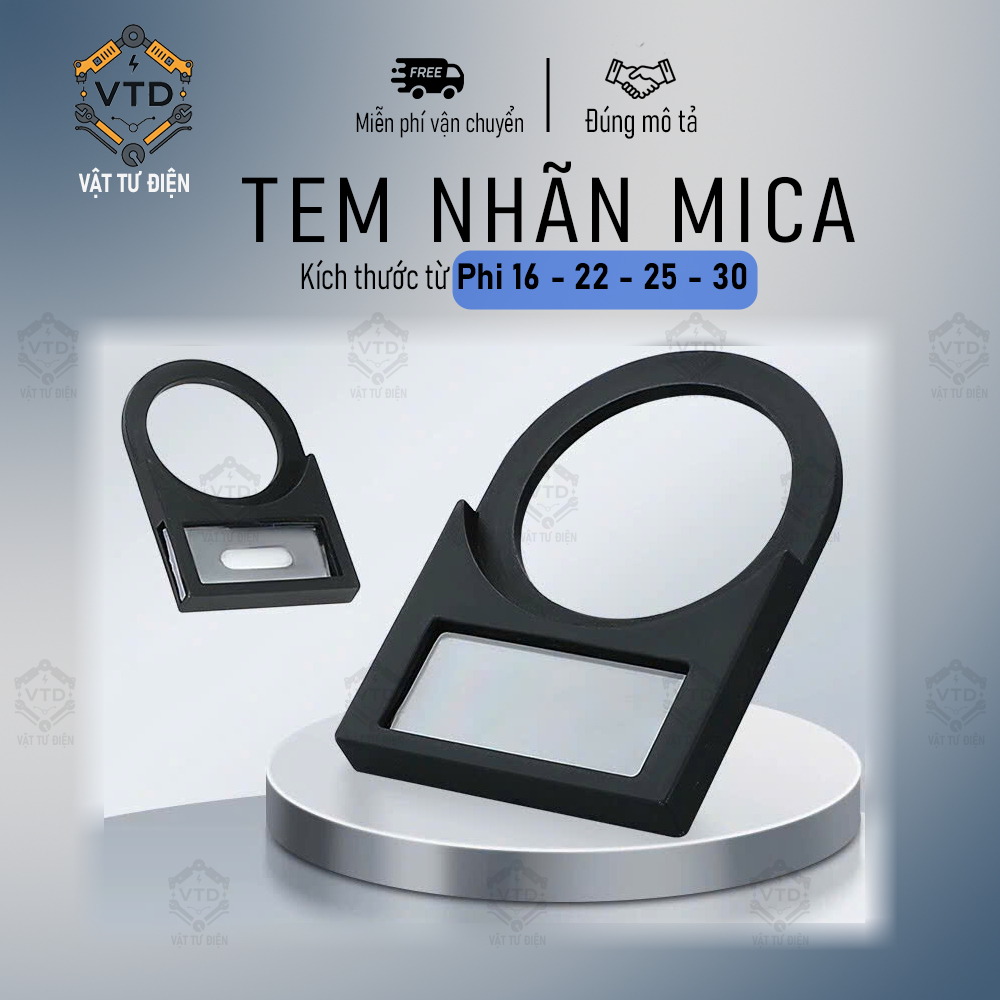 Tem nhãn mica nút nhấn, Tem mica tủ điện, Tem tủ điện, Phi 16 22 25 30 ...