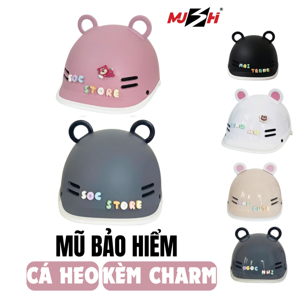 Mũ bảo hiểm nửa đầu cá heo nhiều màu kèm tai gấu và charm chữ cute ...